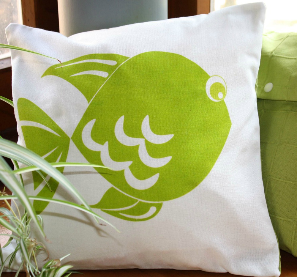 Cushion Cover, With Green Fish Hand Printed. on Luulla