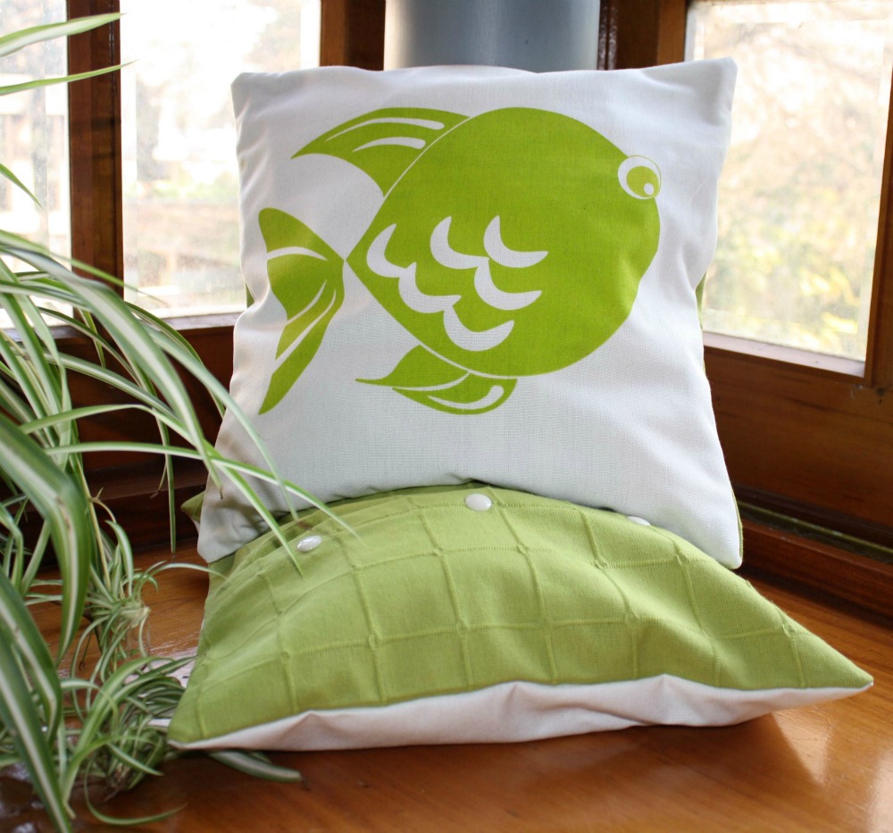 Cushion Cover, With Green Fish Hand Printed. on Luulla